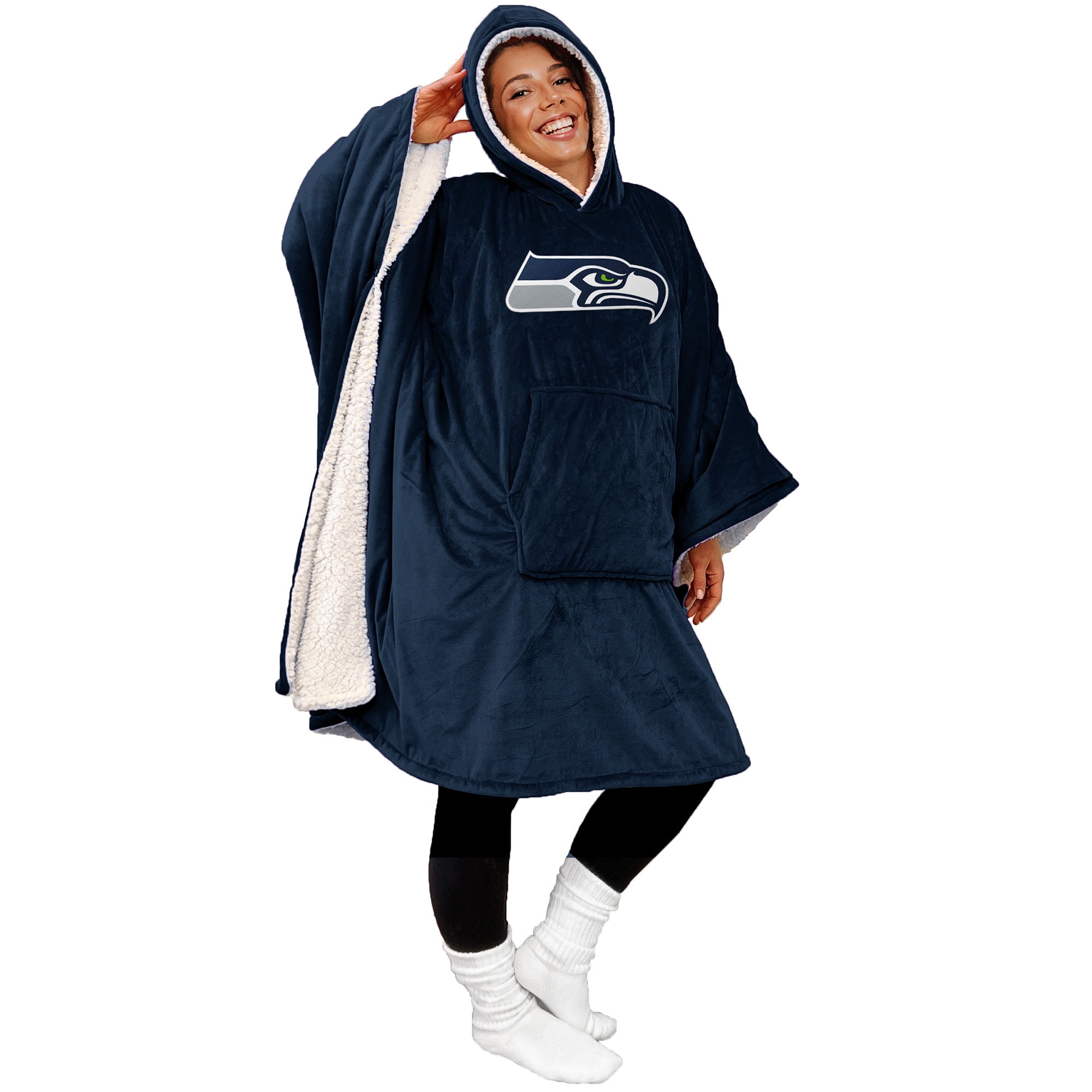 Seattle Seahawks 60" x 80" Logo Patch Team Color Bloncho with Sherpa ...
