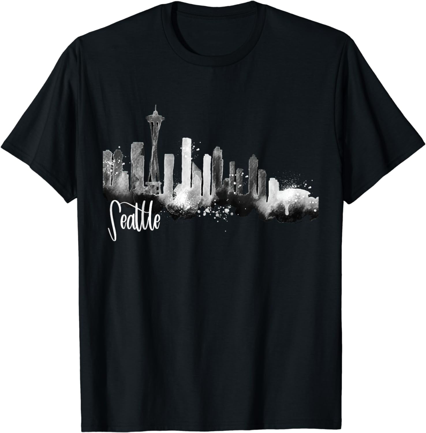 Seattle Skyline Black White Watercolor Design Washington T-Shirt ...