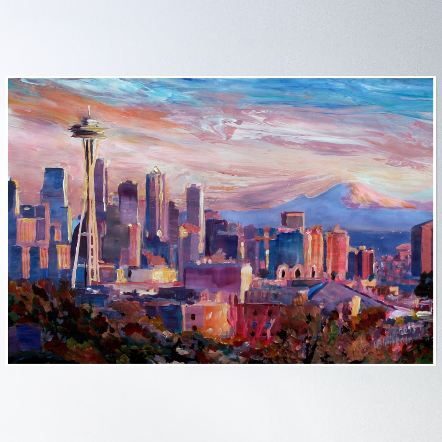 Seattle Skyline With Space Needle And Mt Rainier Poster Wall Art ...
