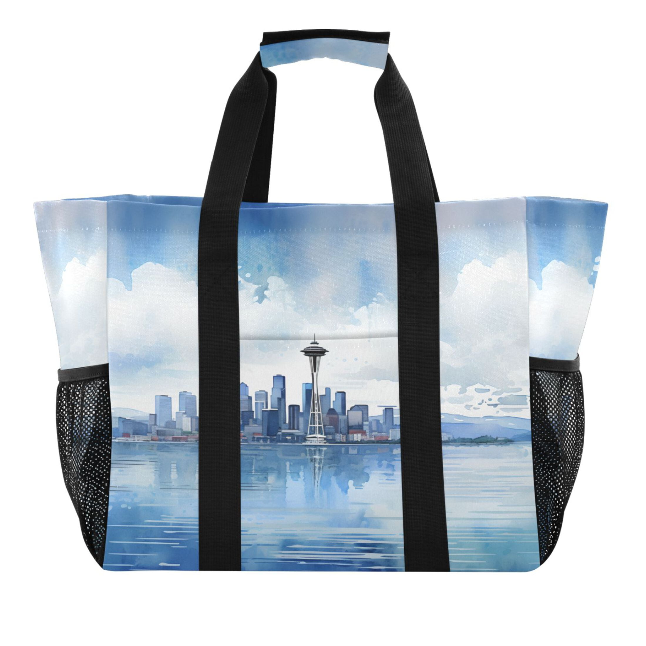 Seattle Skyline and Cloud Reusable Grocery Bags with Handle Side Pocket ...