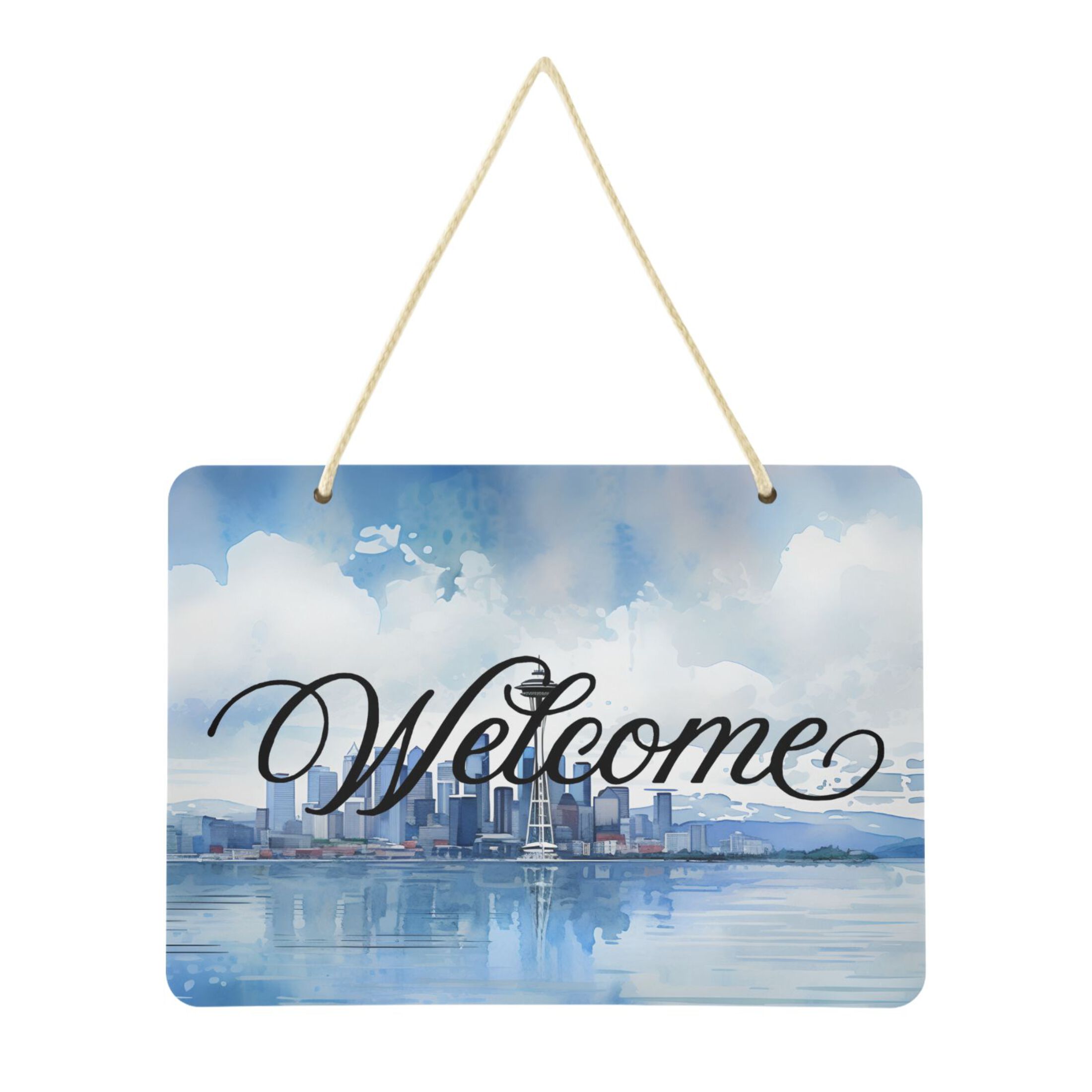 Seattle Skyline and Cloud Welcome Sign Front Door PVC 14x10 inch Hanger ...