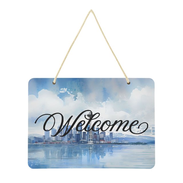 Seattle Skyline and Cloud Welcome Sign Front Door PVC 14x10 inch Hanger ...