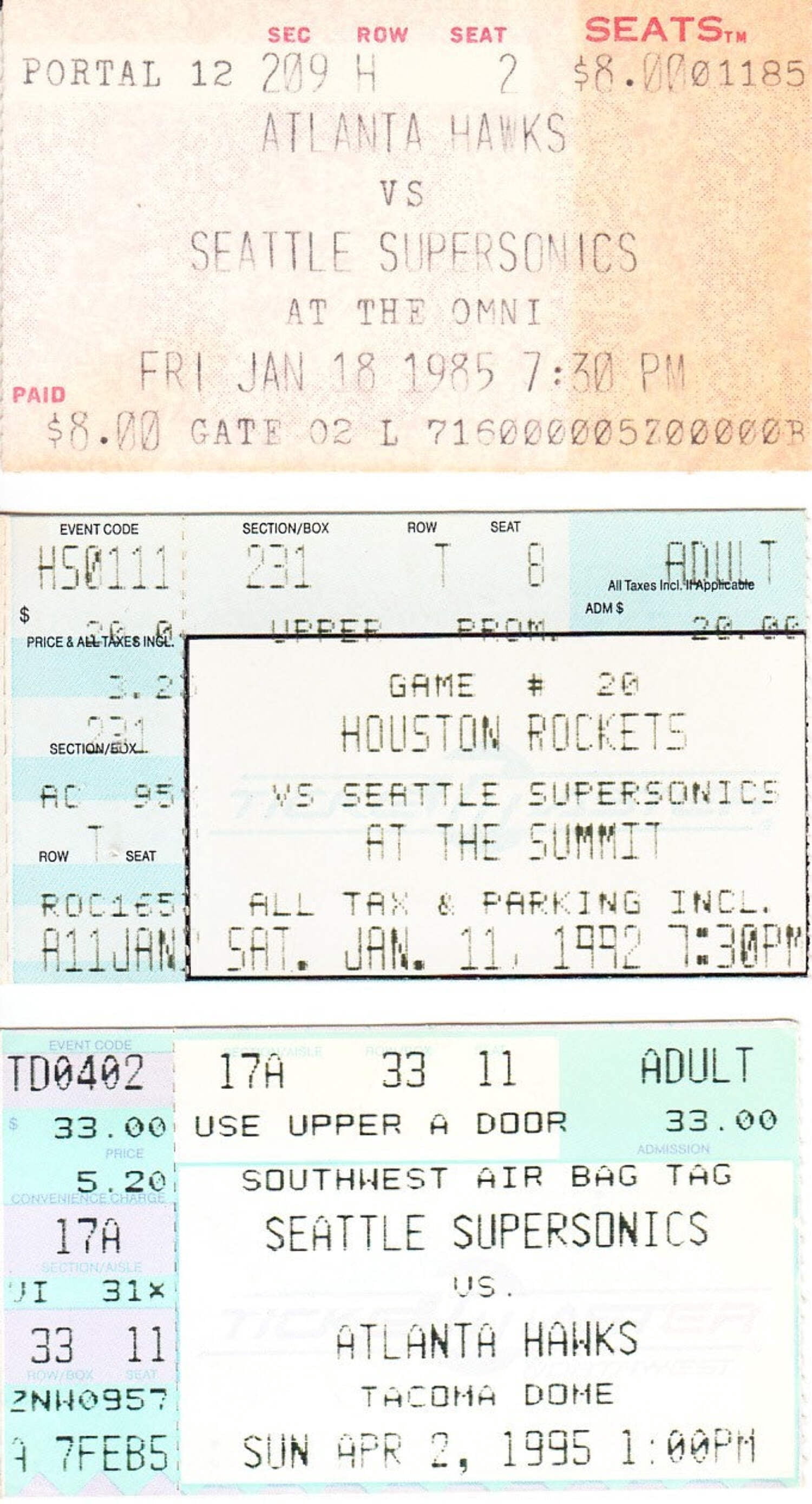Seattle Supersonics lot of 3 vintage ticket stubs (Gary Payton ...