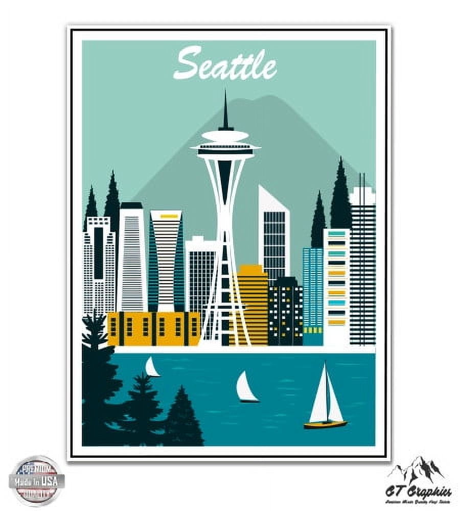 Seattle Vintage Travel Poster Style - 3" Vinyl Sticker - For Car Laptop ...
