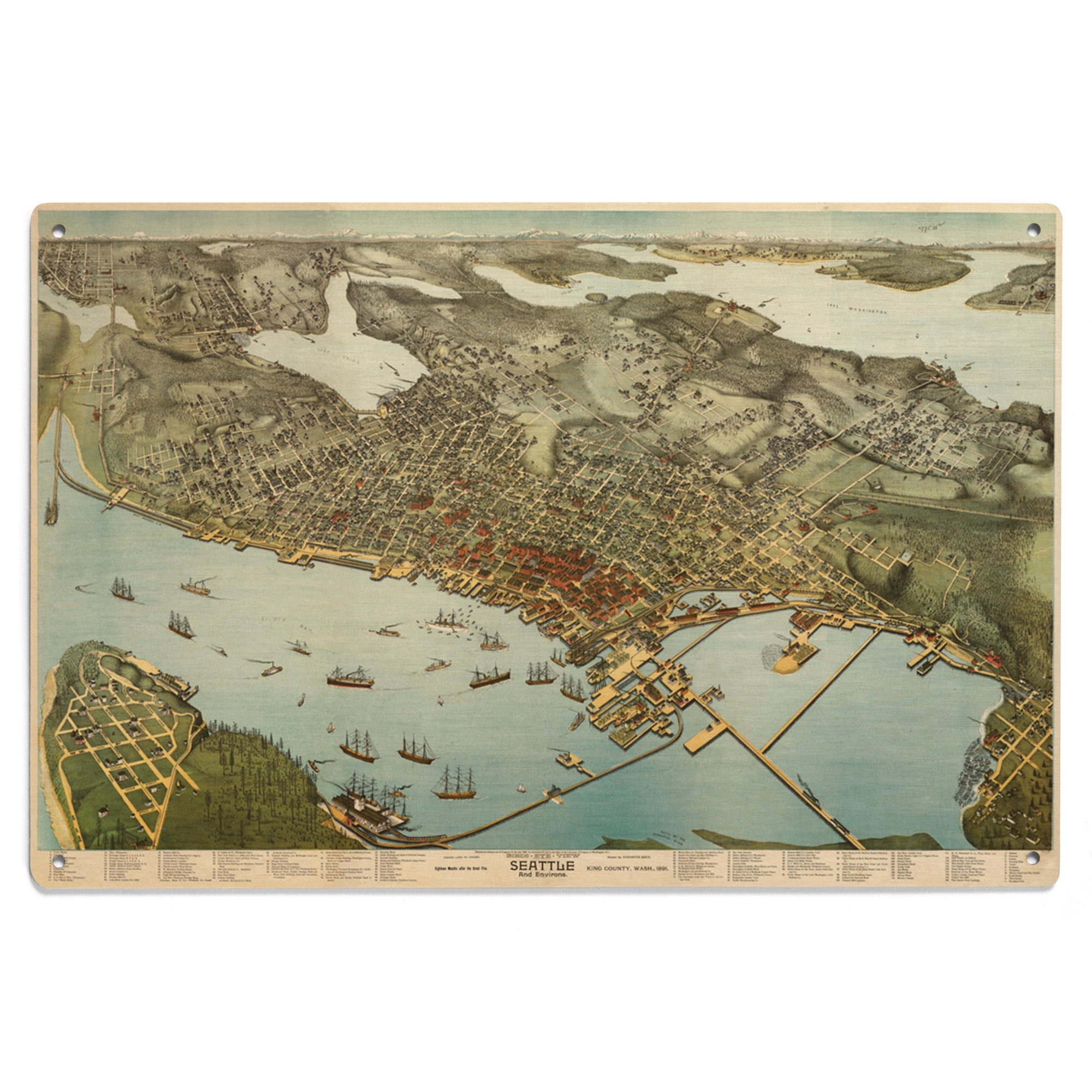 Seattle, Washington, (1891), Panoramic Map Birch Wood Wall Sign (6x9 ...