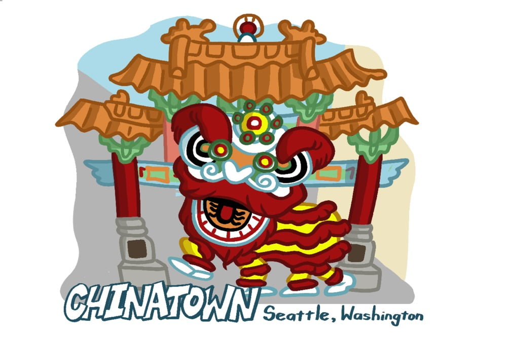Seattle, Washington, Chinatown, Cartoon Icon (16x24 Giclee Gallery Art ...