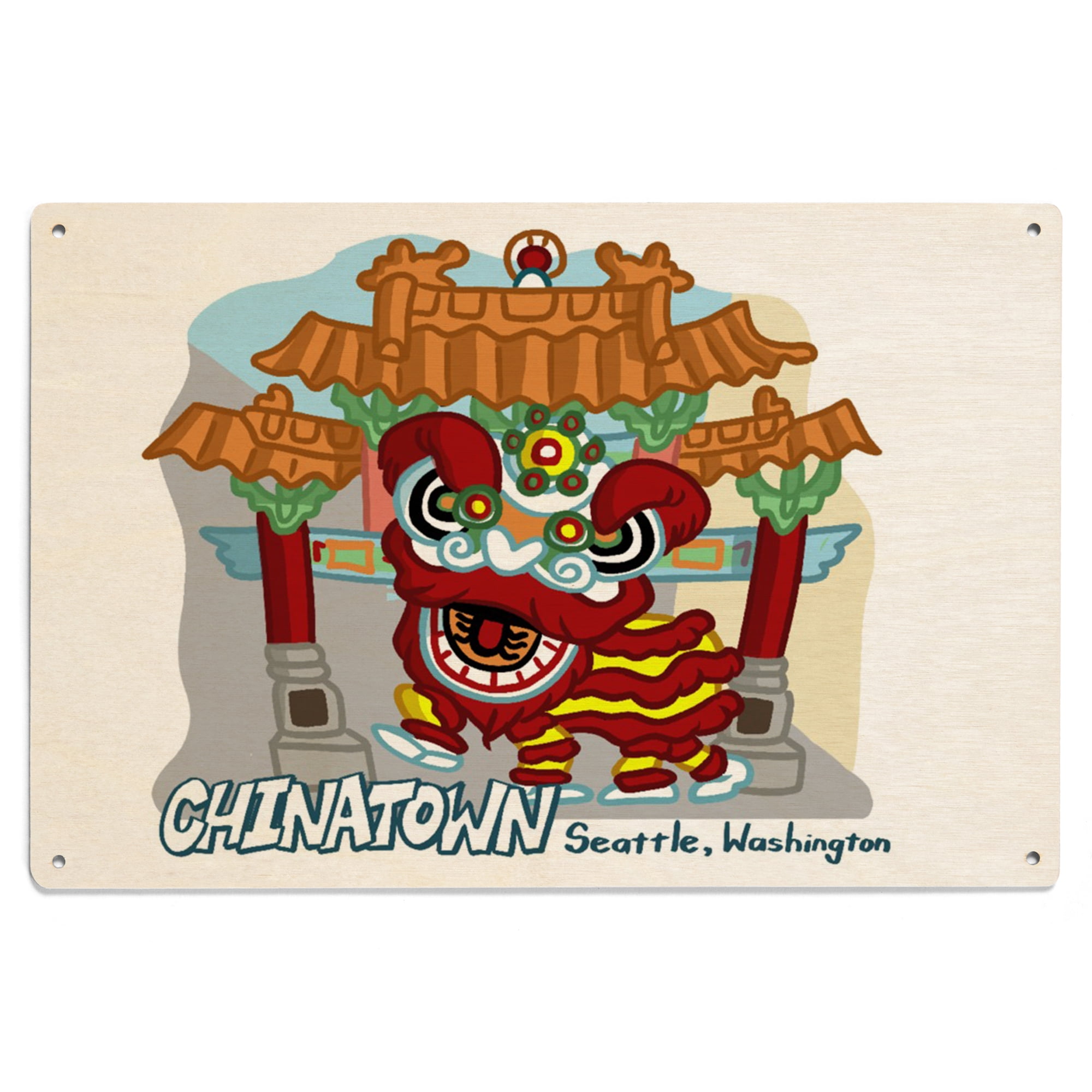 Seattle, Washington, Chinatown, Cartoon Icon Birch Wood Wall Sign (6x9 ...
