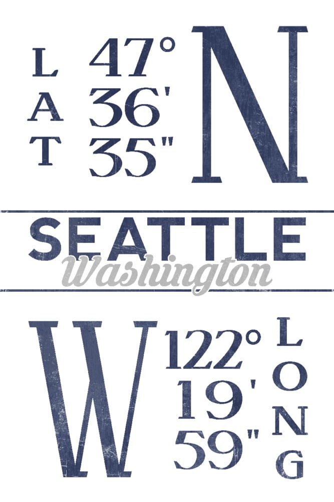 Seattle, Washington, Latitude and Longitude (Blue) (12x18 Wall Art ...