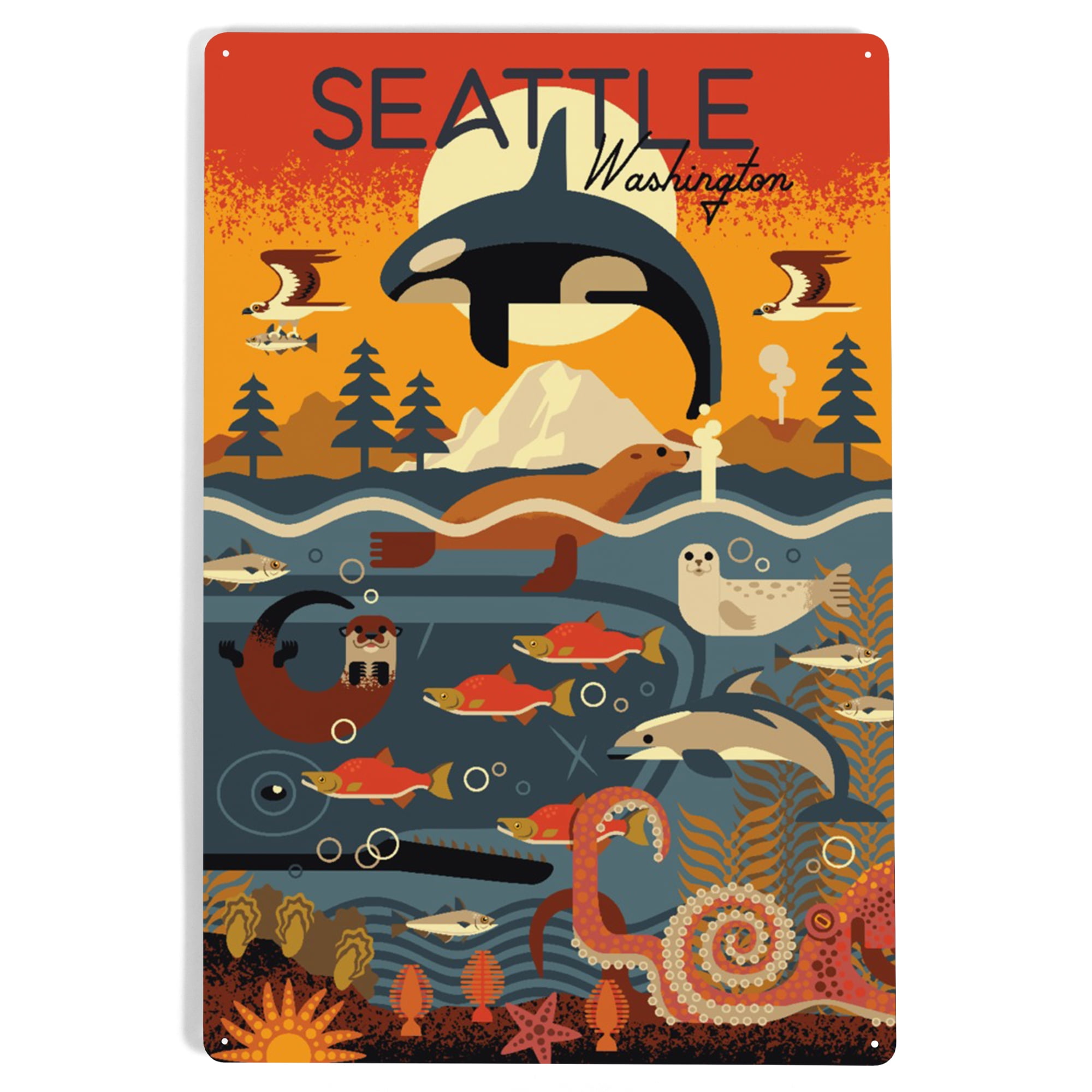 Seattle, Washington, Marine Animals, Geometric (12x18 Aluminum Art ...
