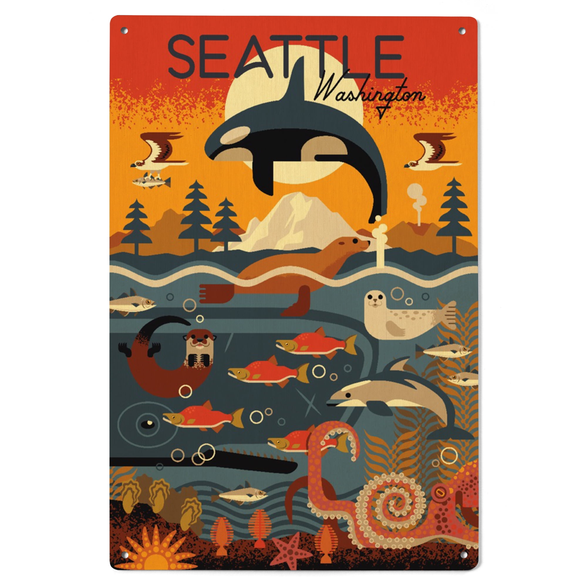 Seattle, Washington, Marine Animals, Geometric Birch Wood Wall Sign ...