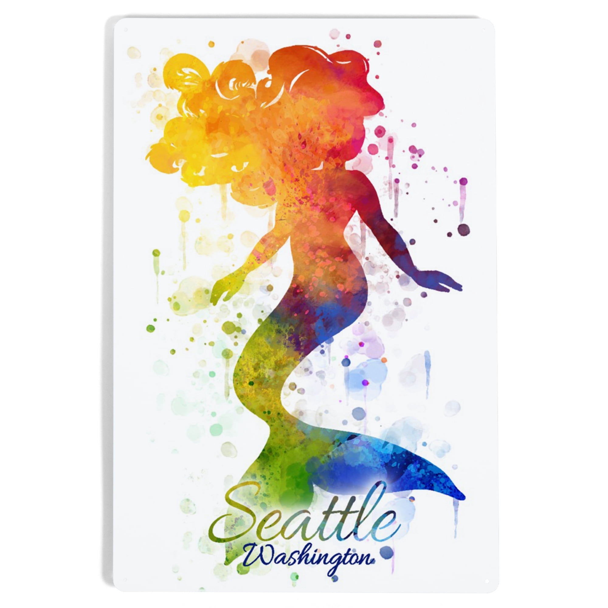 Seattle, Washington, Mermaid Silhouette, Rainbow Watercolor (12x18 ...