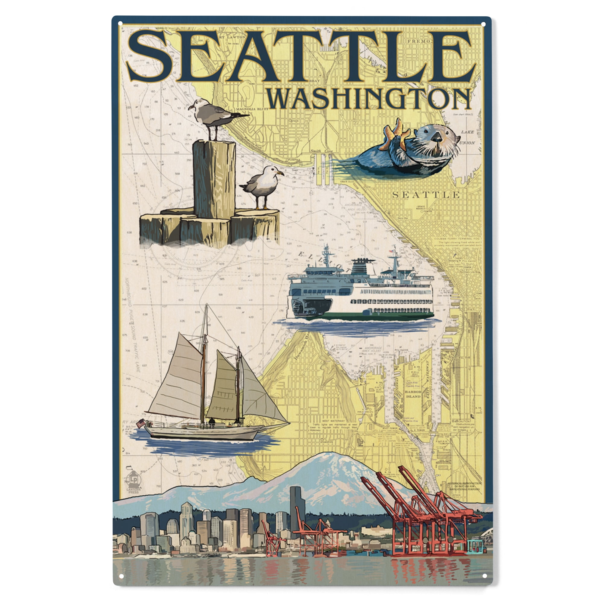 Seattle, Washington, Nautical Chart Birch Wood Wall Sign (10x15 Rustic ...