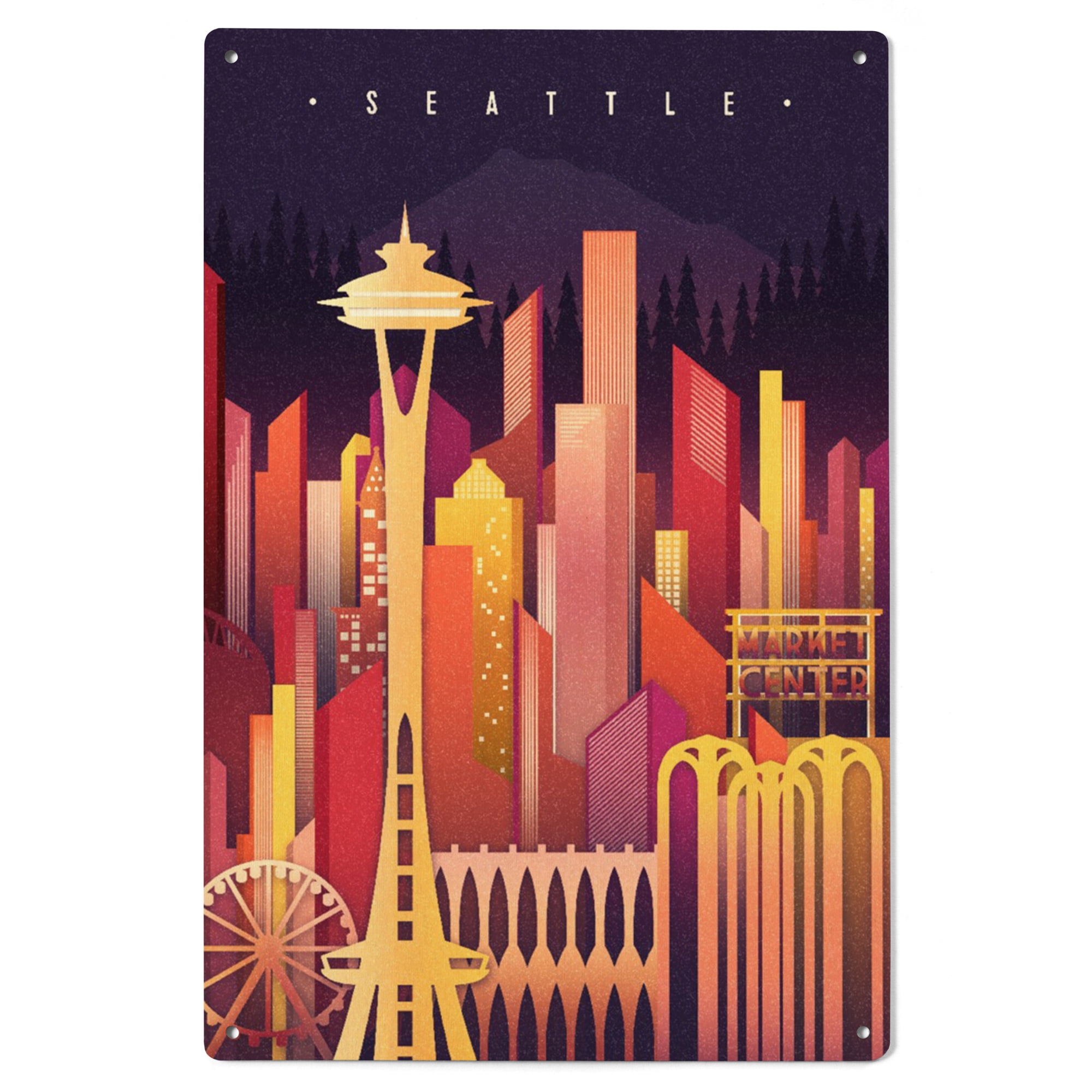 Seattle, Washington, Neon Skyline Birch Wood Wall Sign (6x9 Rustic Home ...