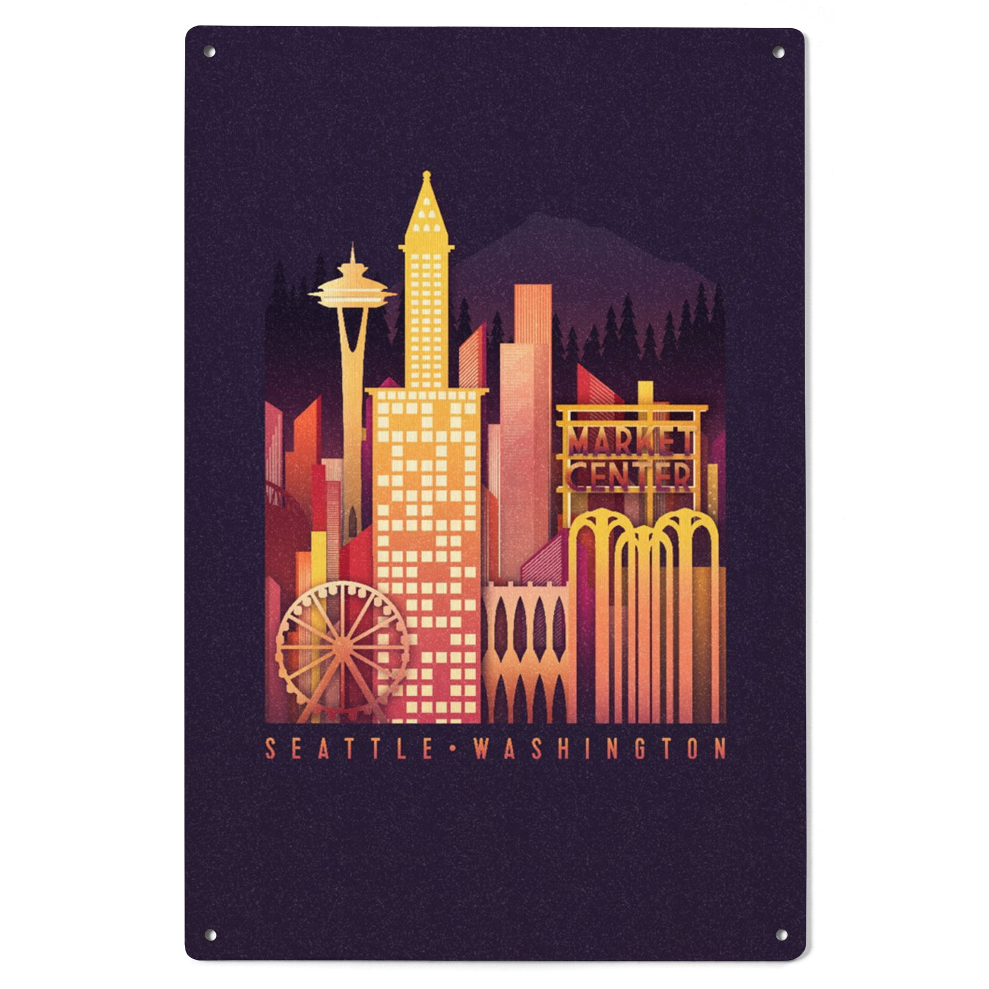 Seattle, Washington, Neon Skyline, Contour Birch Wood Wall Sign (6x9 ...
