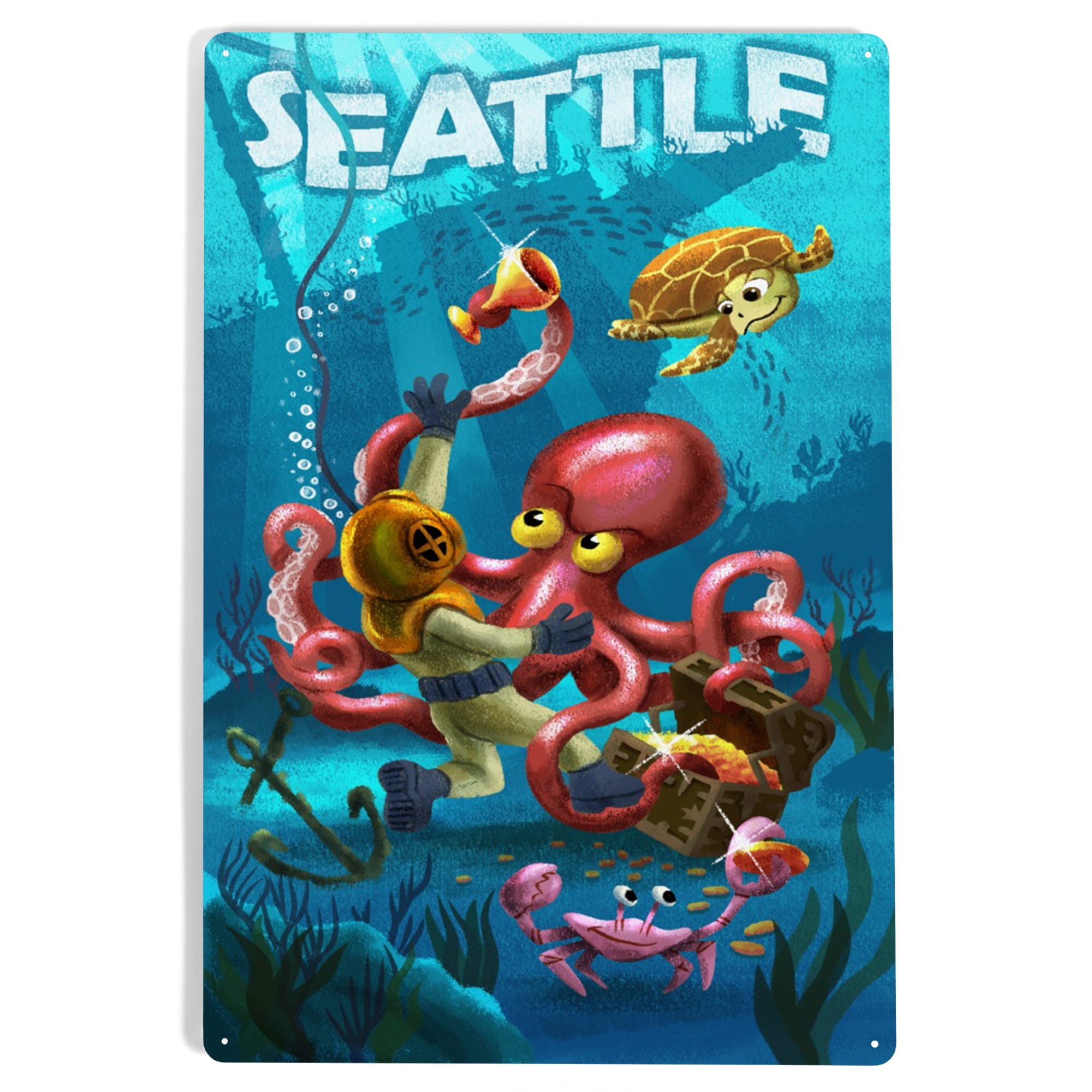 Seattle, Washington, Octopus and Diver, Mid-Century Inspired (12x18 ...