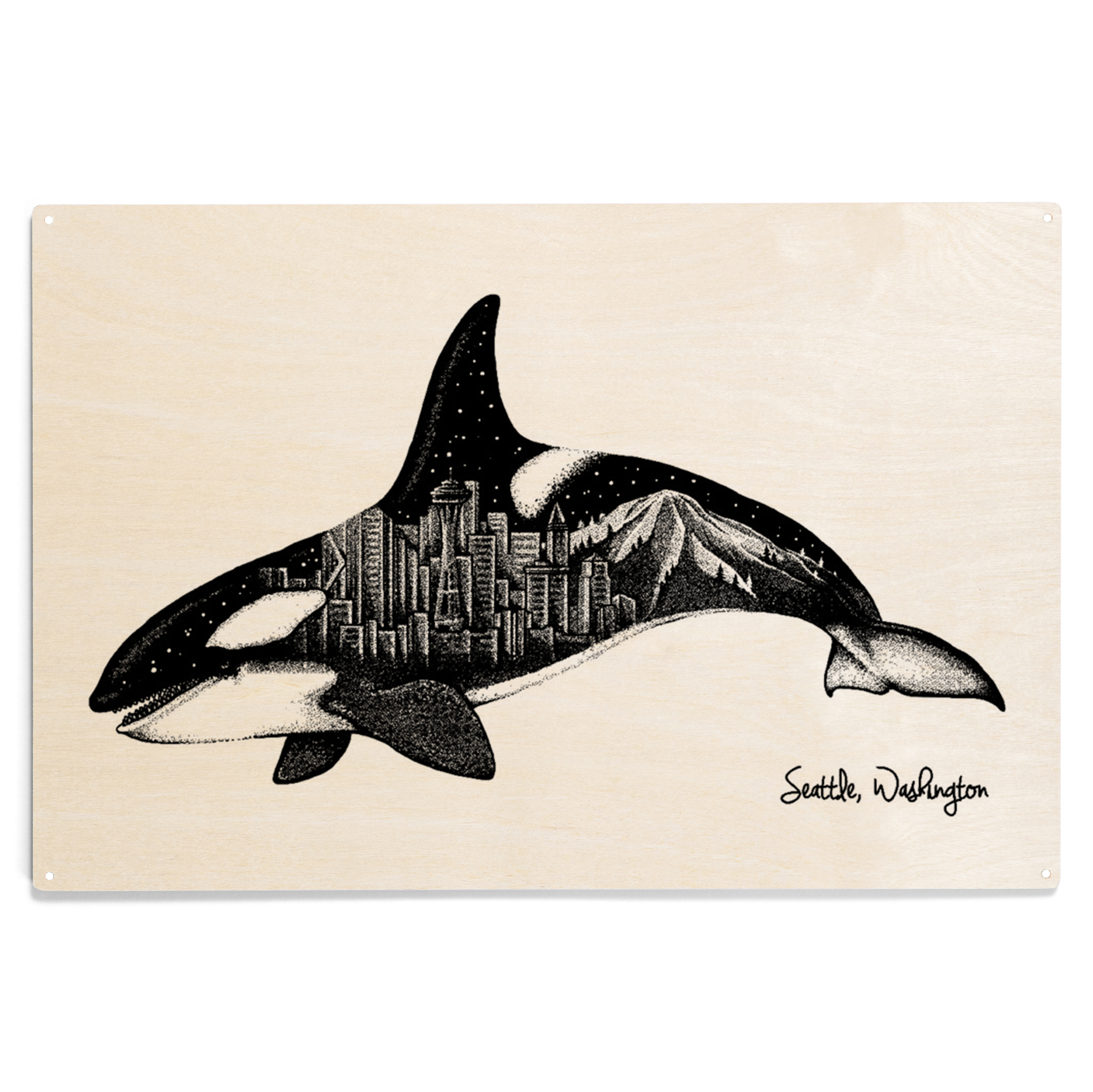 Seattle, Washington, Orca and Seattle Skyline Double Exposure Birch ...