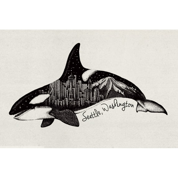 Seattle, Washington, Orca and Seattle Skyline Double Exposure, Texture ...