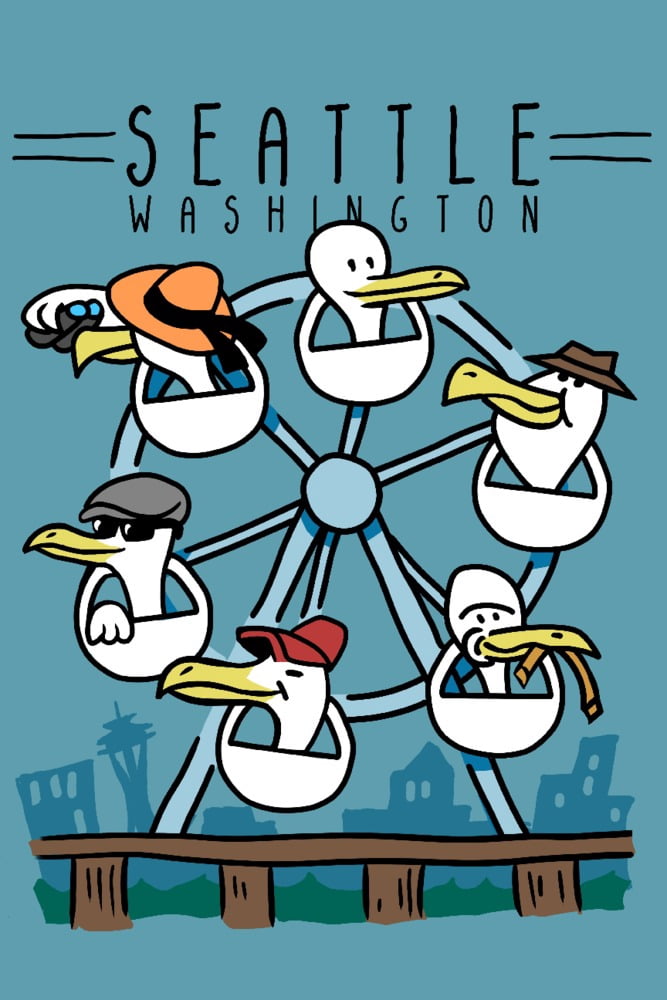 Seattle, Washington, Seagulls and Great Wheel (16x24 Giclee Gallery Art ...