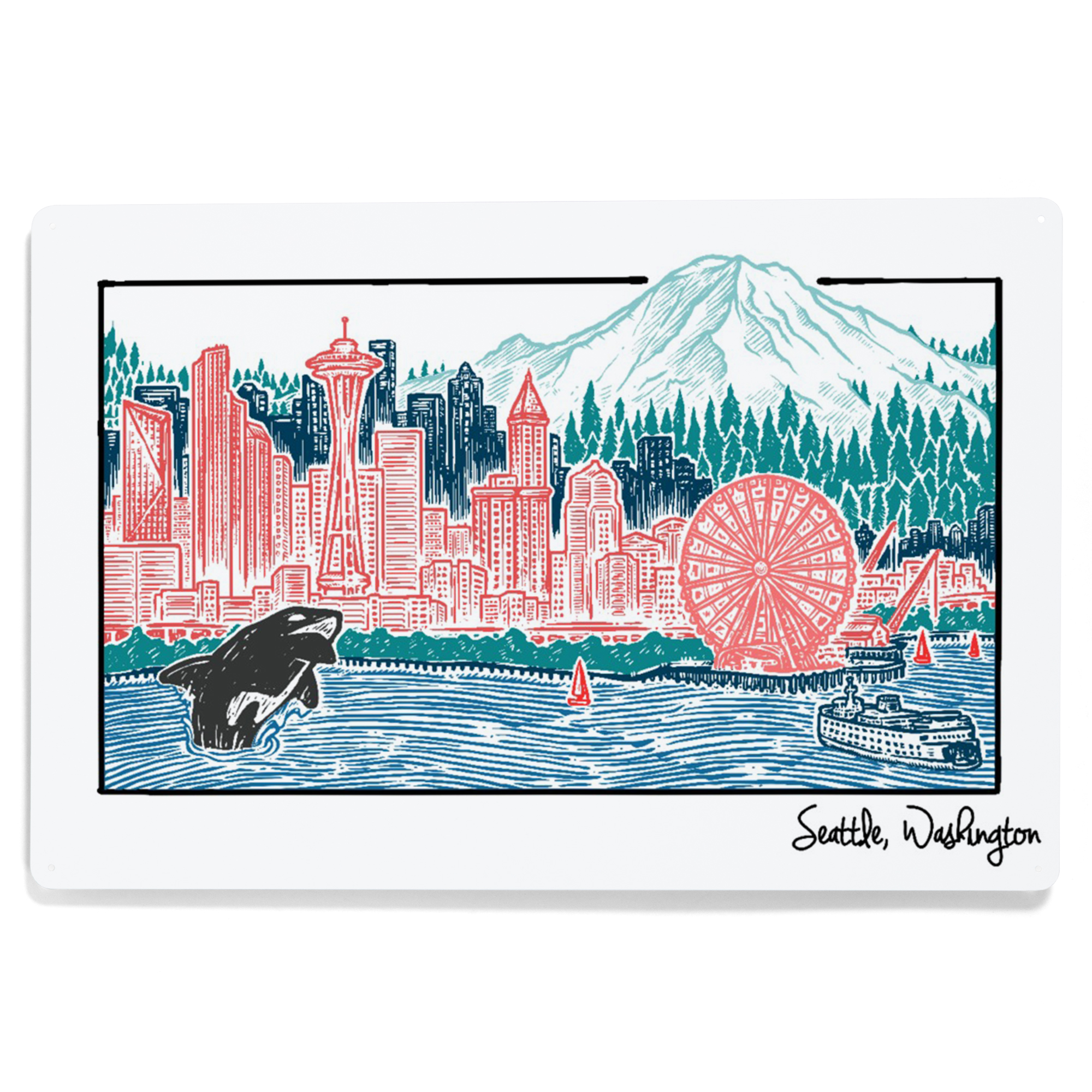Seattle, Washington, Skyline, Red and Green (12x18 Aluminum Art, Indoor ...