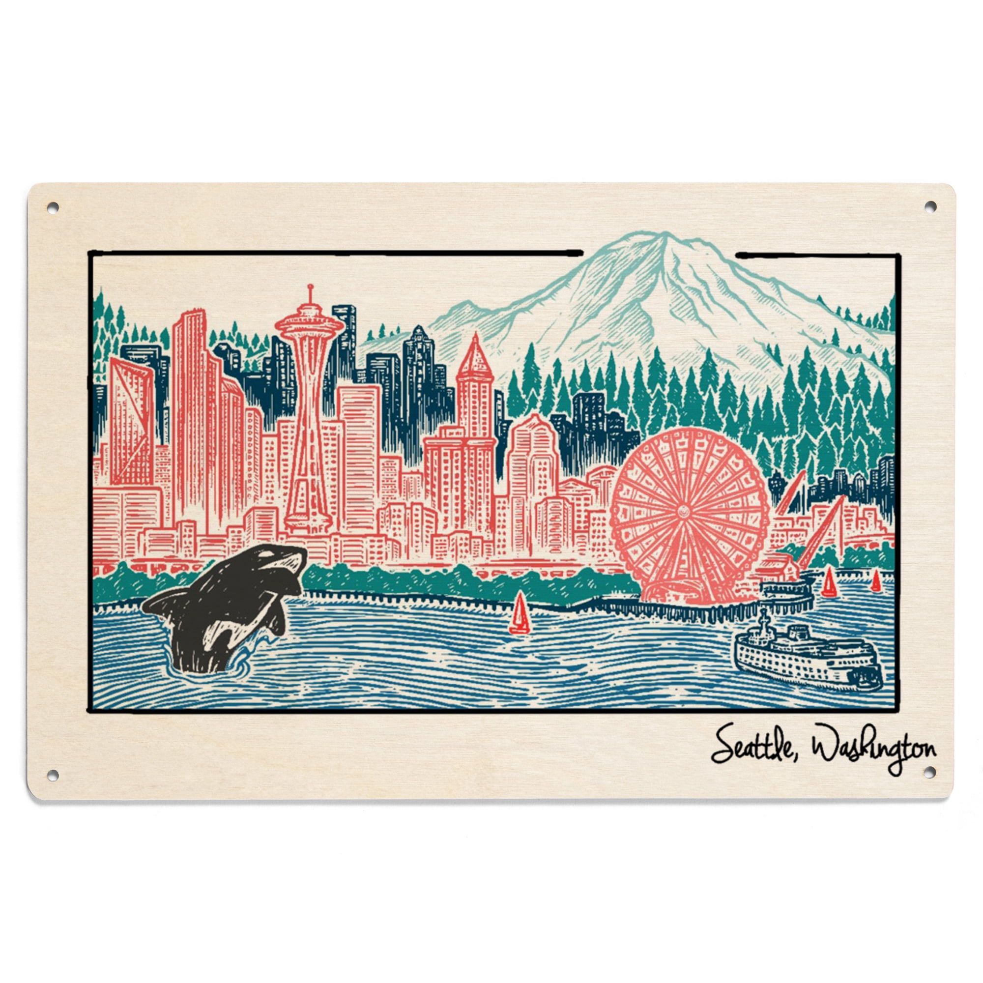 Seattle, Washington, Skyline, Red and Green Birch Wood Wall Sign (6x9 ...