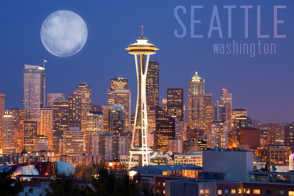 Seattle, Washington, Skyline and Full Moon (24x36 Giclee Gallery Art ...