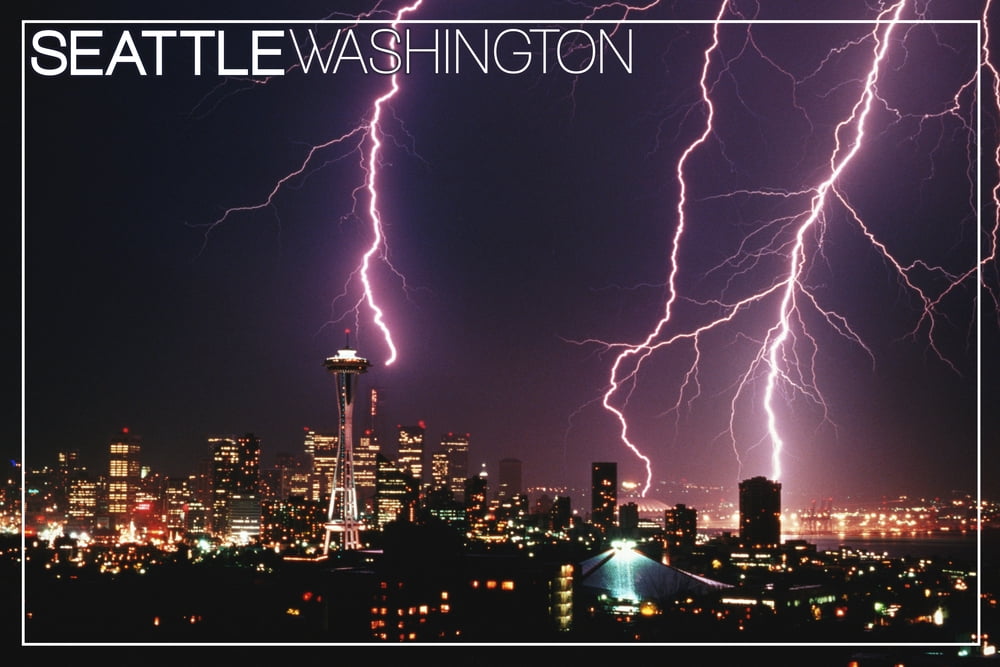 Seattle, Washington, Skyline and Lightening Strike (12x18 Wall Art ...