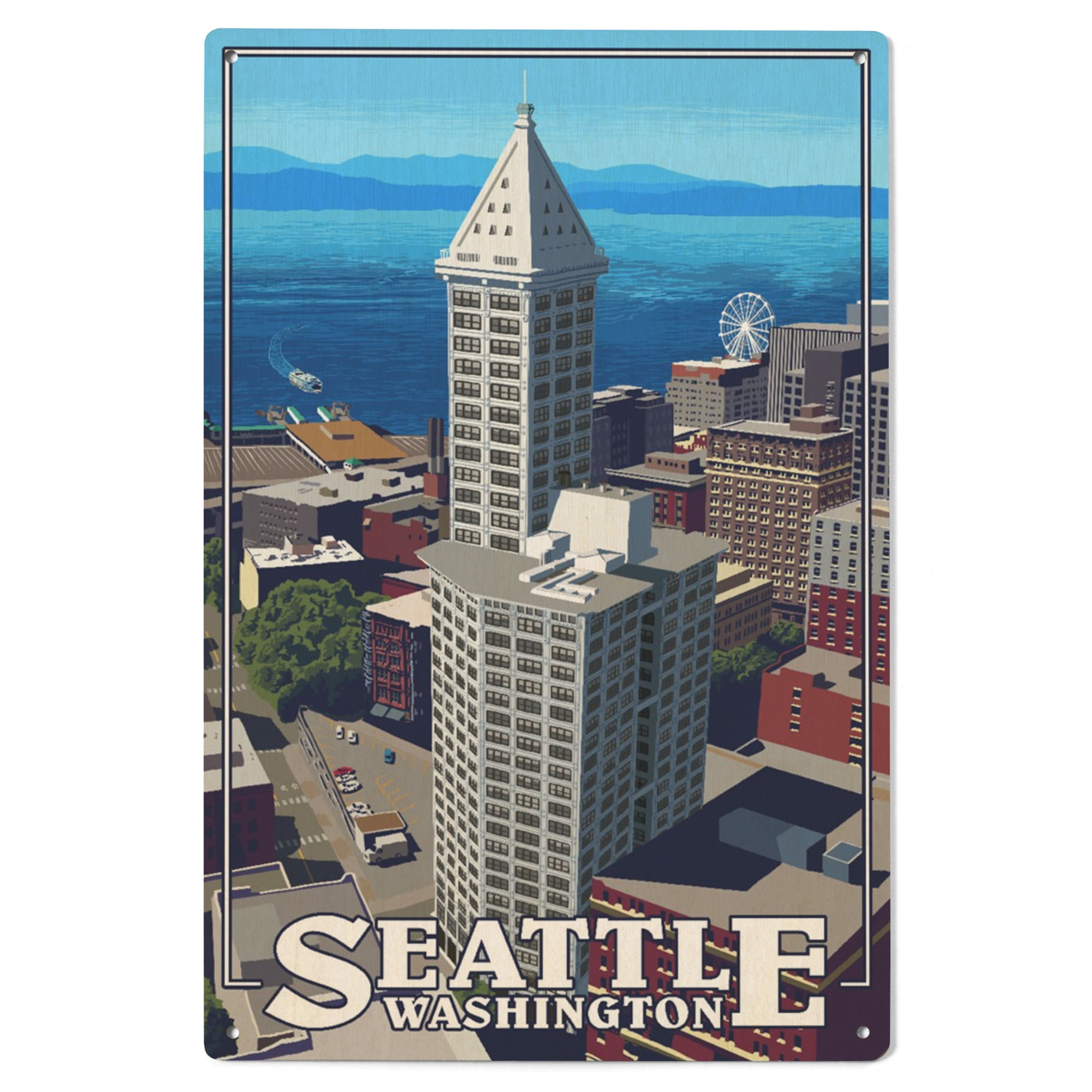 Seattle, Washington, Smith Tower and Elliott Bay Birch Wood Wall Sign ...