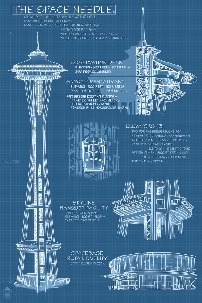 Seattle, Washington, Space Needle Technical Drawing (Blueprint) (16x24 ...