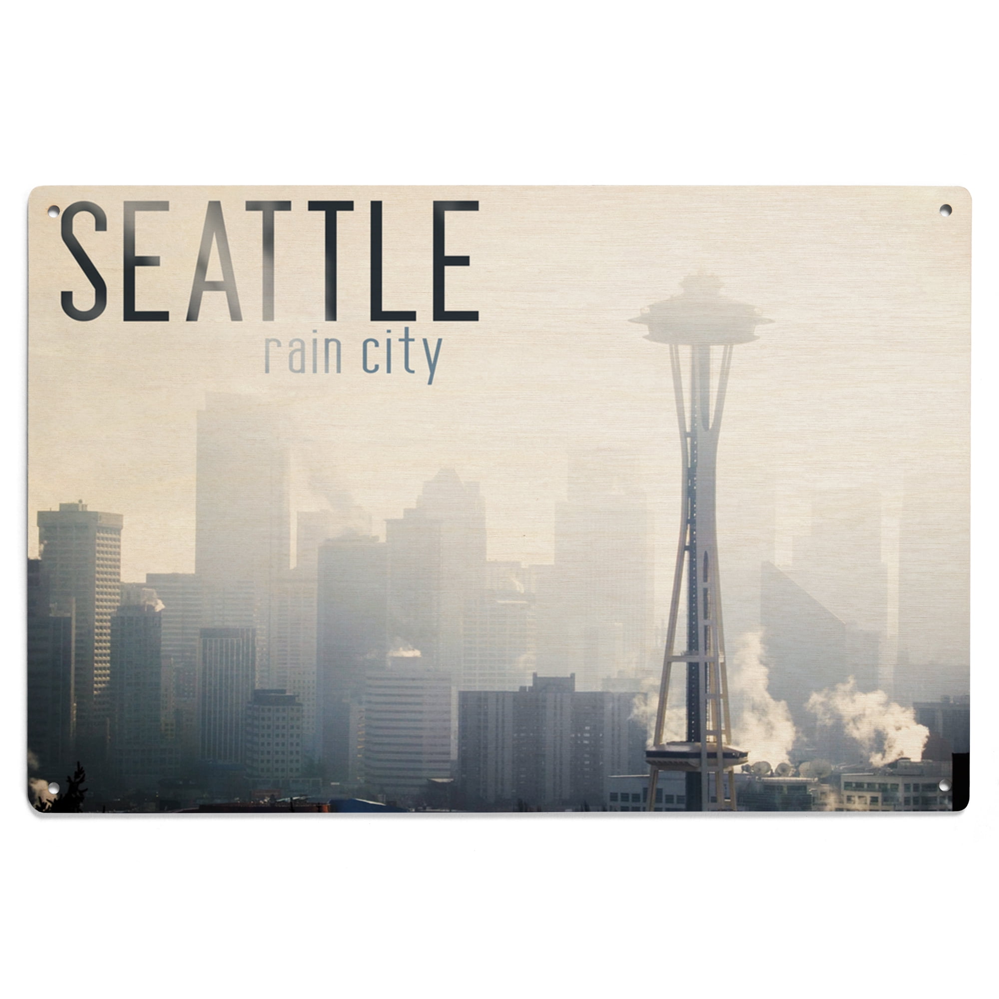 Seattle, Washington, Space Needle and Skyline Fog Birch Wood Wall Sign ...