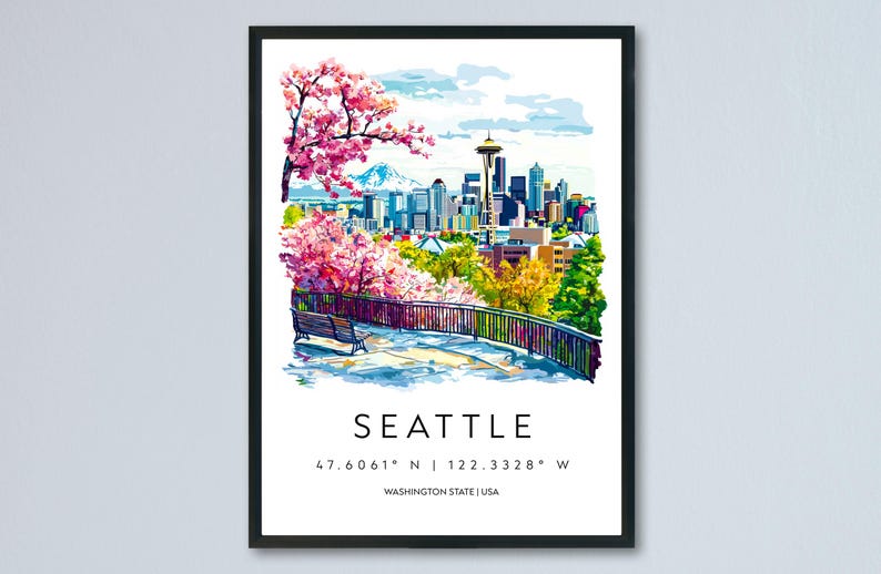 Seattle Watercolor Poster – Travel Print & Cityscape Painting for ...
