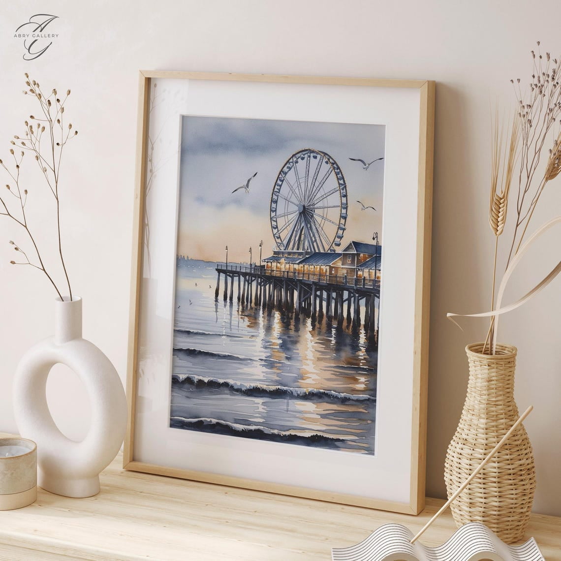 Seattle Waterfront Art Poster: Sunset Ferris Wheel Pier, Unframed ...