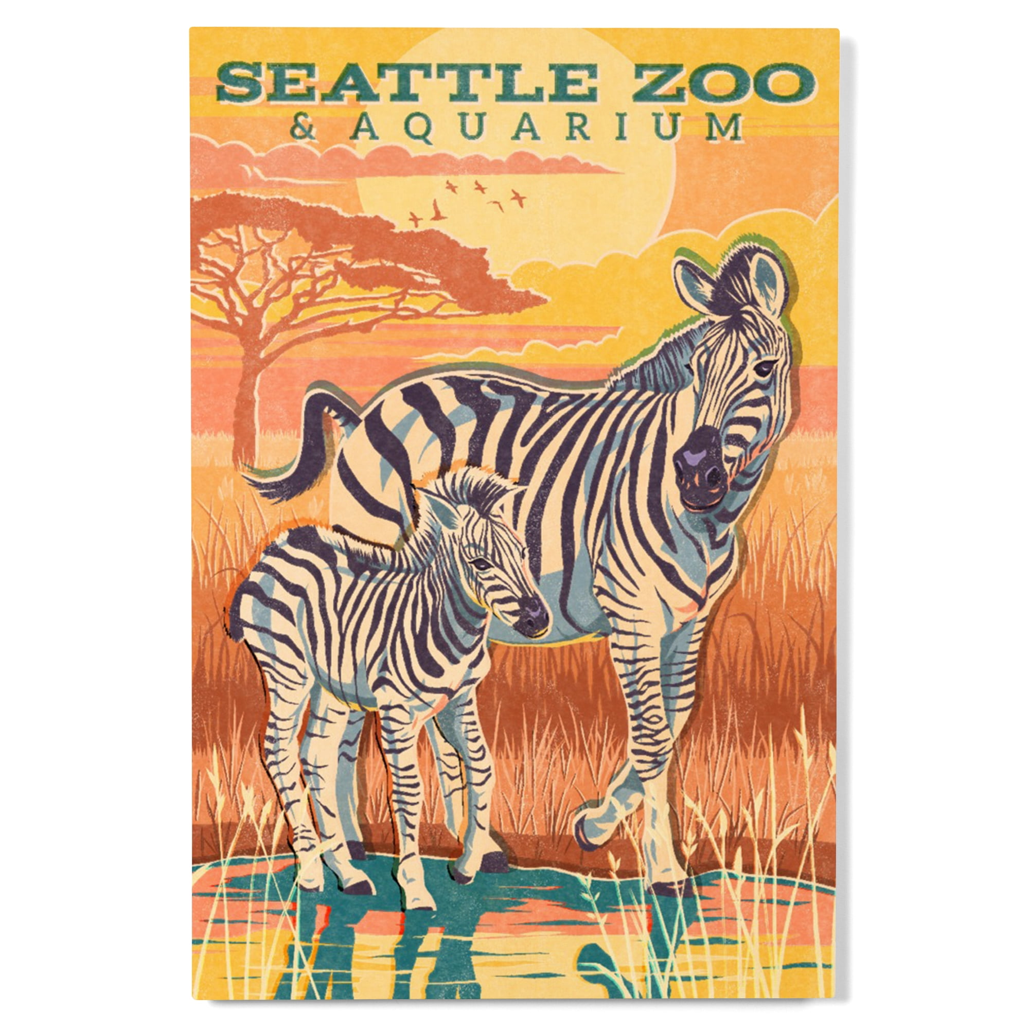 Seattle Zoo and Aquarium, Vintage Print Press, Zebra Birch Wood Wall ...
