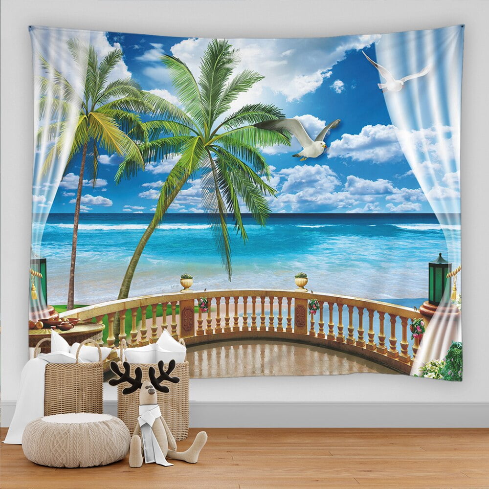 Seaview Room Tapestry Sea Coconut Tree Wall Hanging Beach Tapestries 3D ...