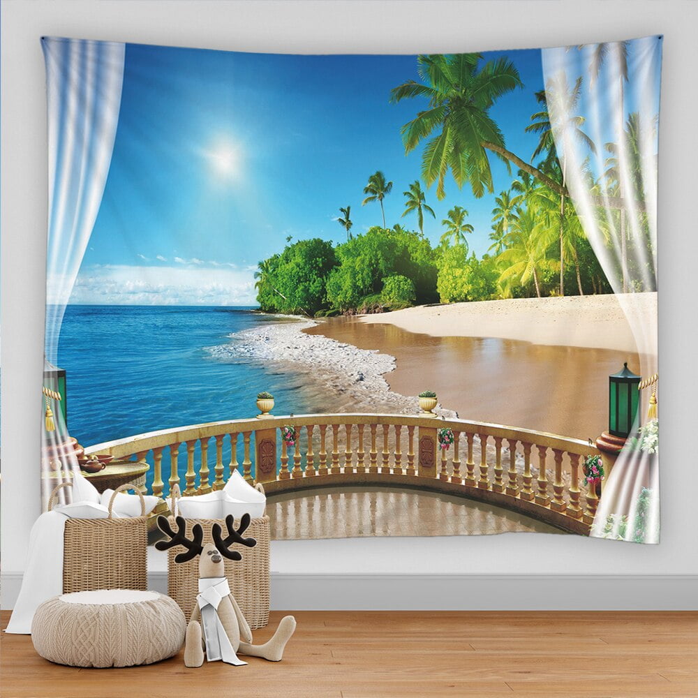 Seaview Room Tapestry Sea Coconut Tree Wall Hanging Beach Tapestries 3D ...
