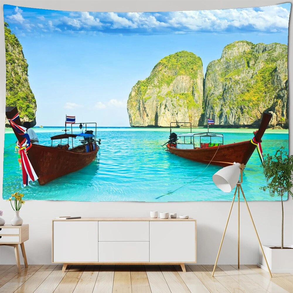 Seaview landscape Tapestry Sea Coconut Tree Wall Hanging Beach ...