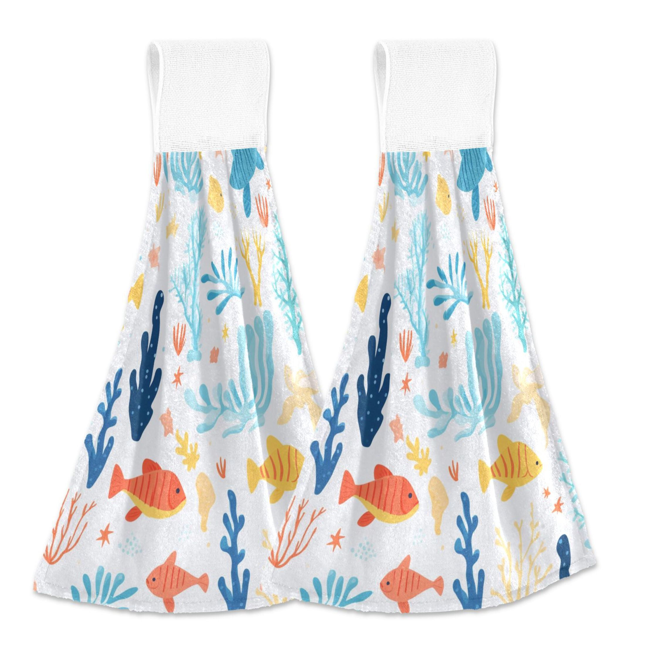 Seaweed Fish in Sea 2pcs Bathroom Hanging Towels Velcro Soft Hand Towel ...