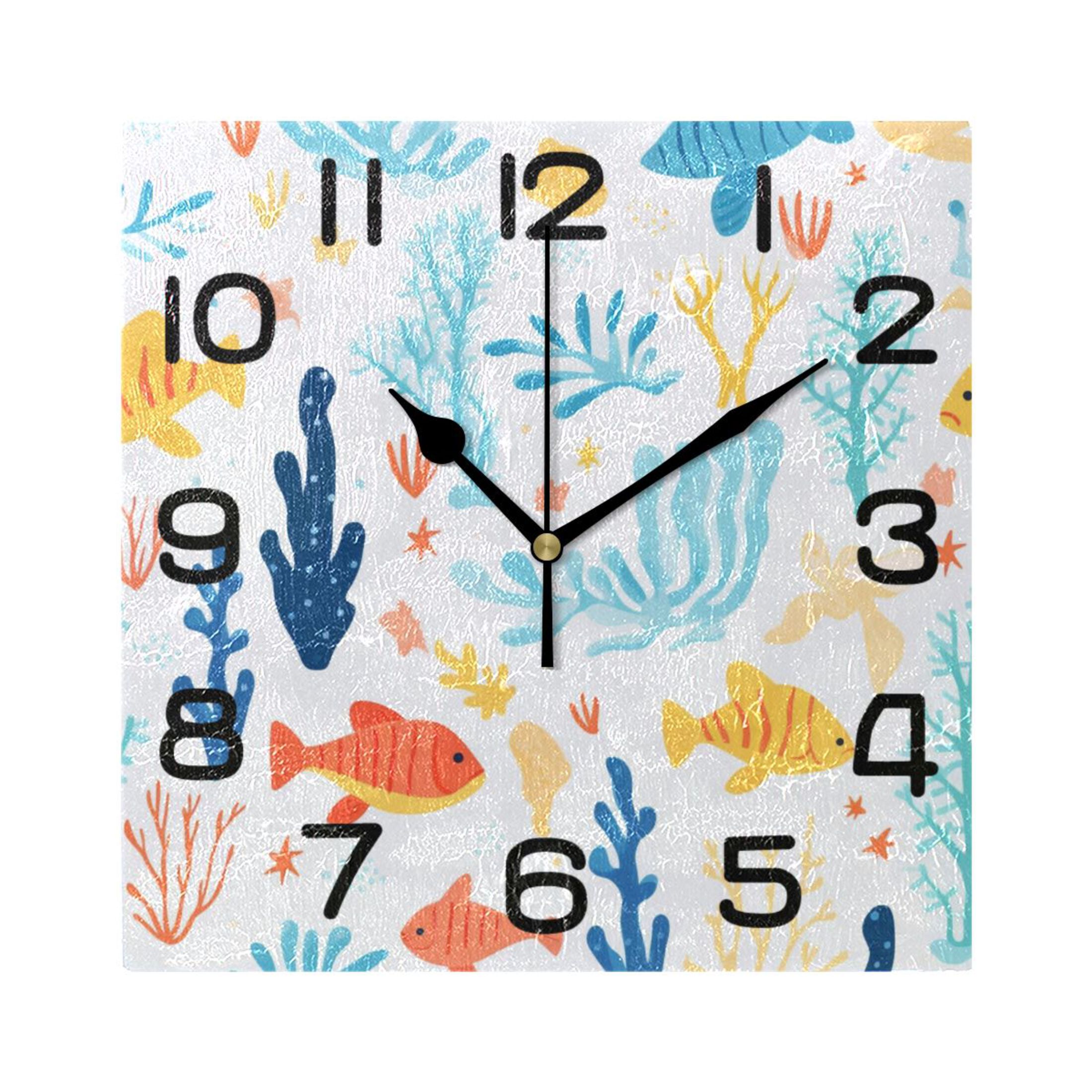 Seaweed Fish in Sea Wall Clock Square Silent Non-Ticking Battery ...