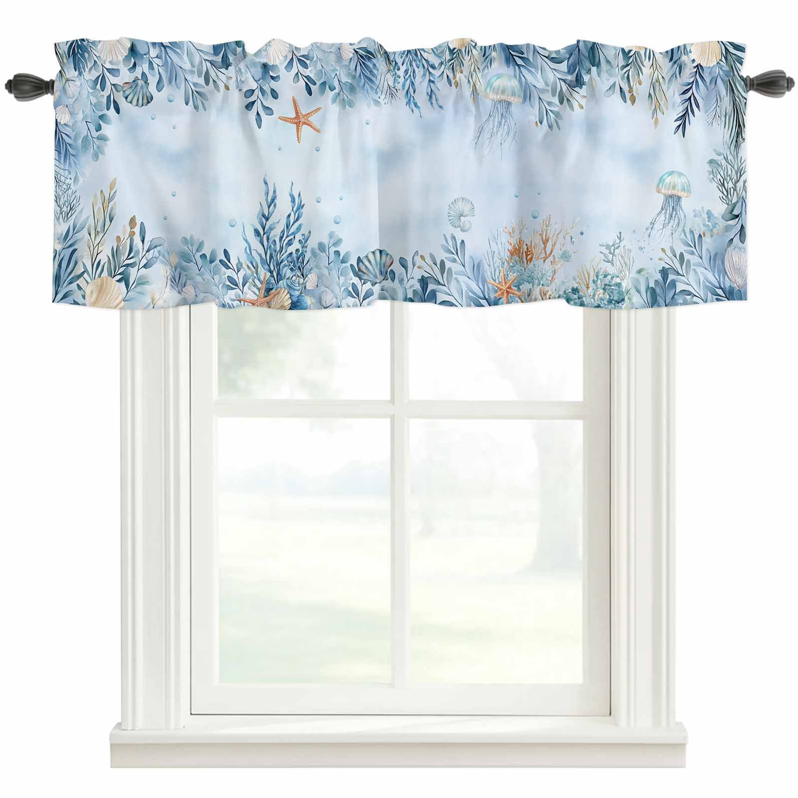 Seaweed Leaves Window Valance Curtain Ocean Shell Rod Pocket Short ...
