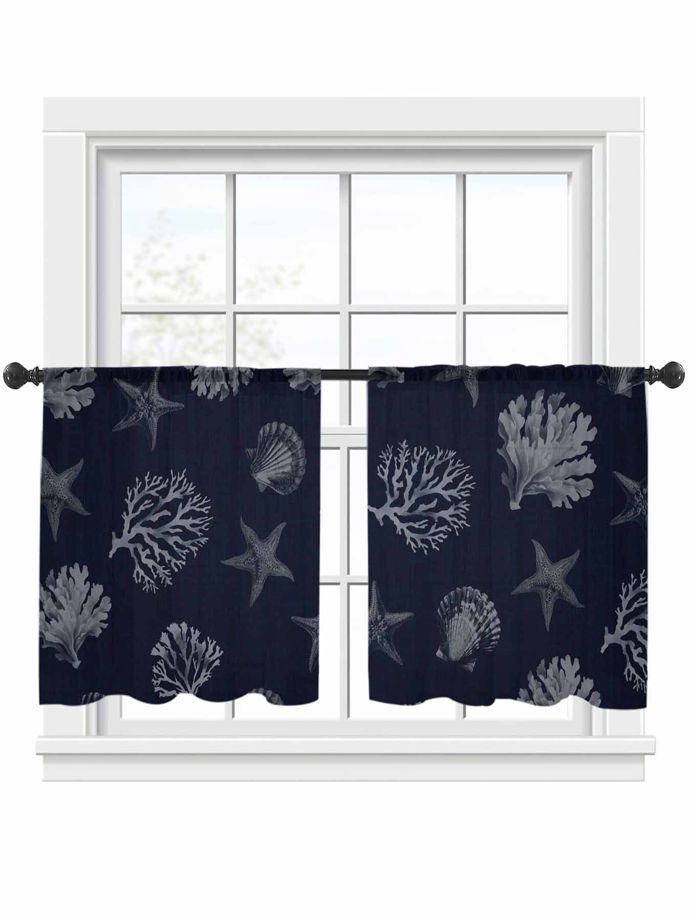 Seaweed Starfish Shell Sheer Curtains 45 Inch Long 2 Panels, Nautical ...