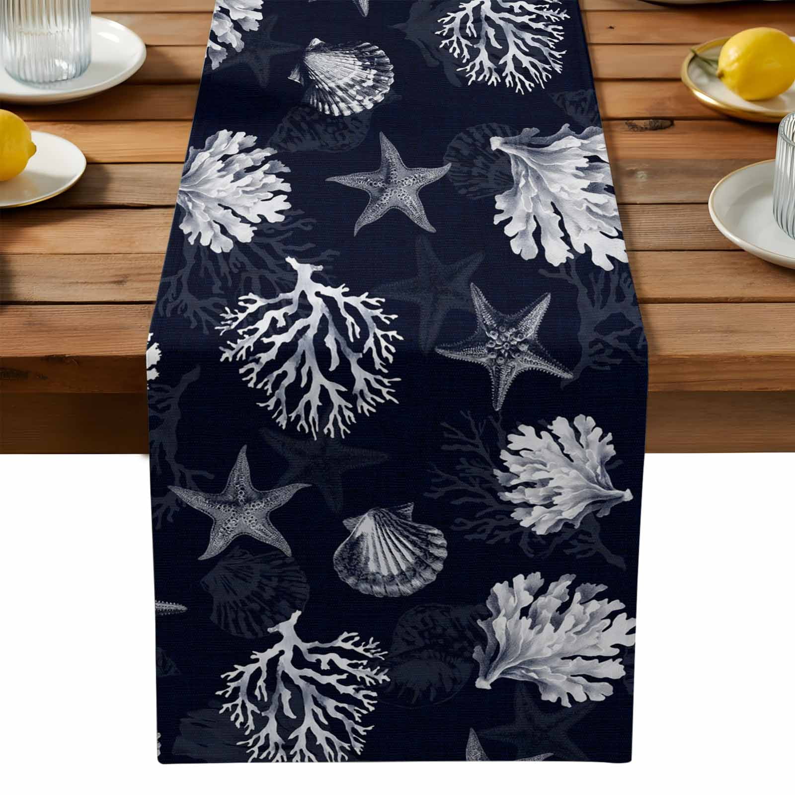 Seaweed Starfish Shell Table Runner, Coral Marine Life Navy Blue ...