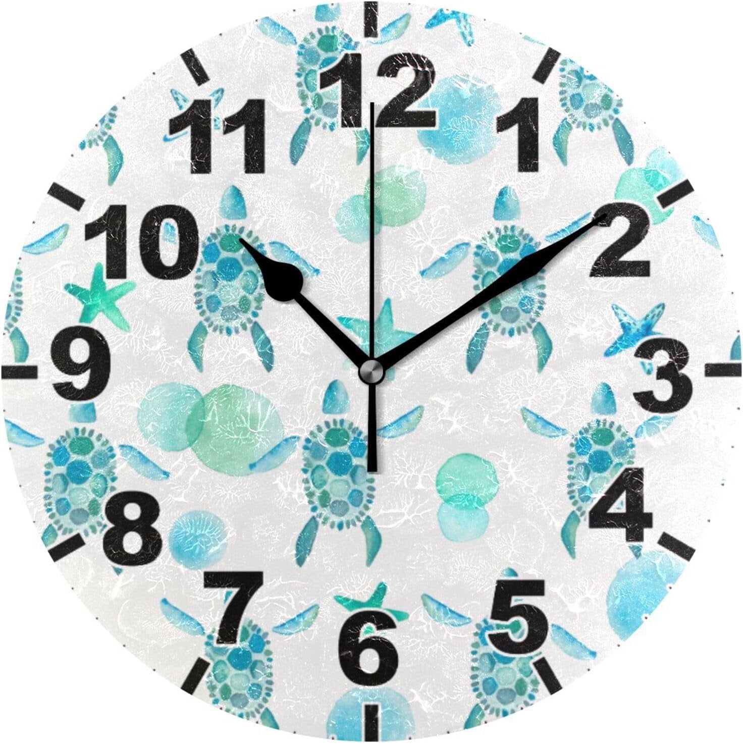 Seaweed Turtle Starfish Round Wall Clock, Battery Operated Silent Non ...