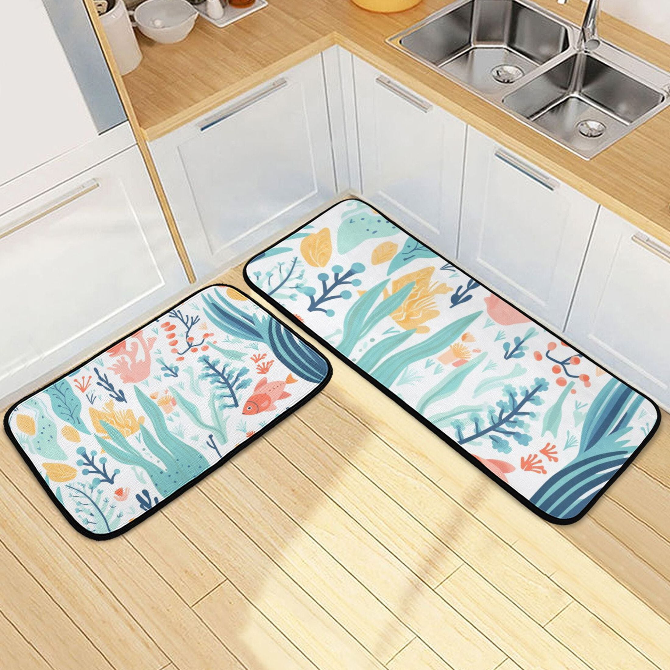 Seaweed and Fishes Kitchen Rugs Set of 2 Non Slip Floor Foam Mat ...