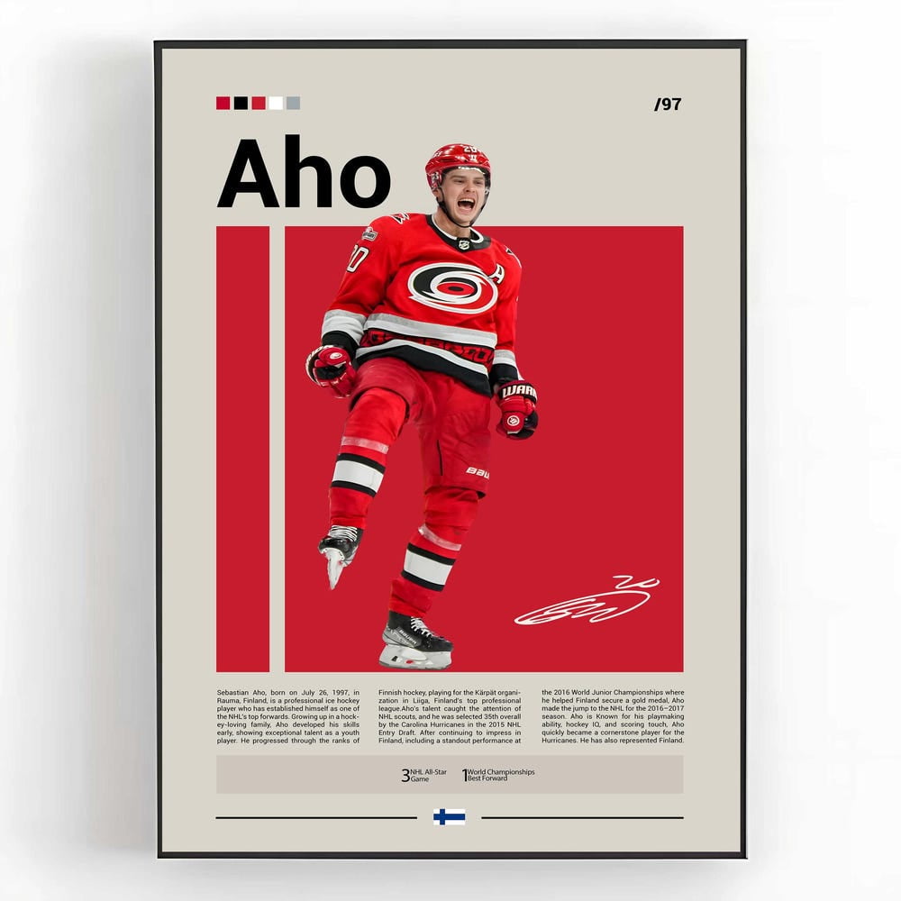 Sebastian Aho Carolina Hurricanes Poster, Star Wall Art, Dynamic Ice ...