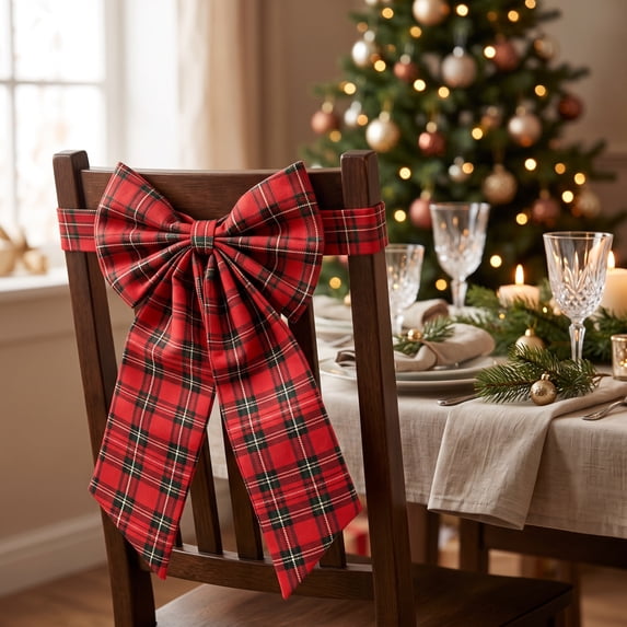 Secfreeship Red Tartan Chair Back Bow, Festive Cloth Sash with Long ...