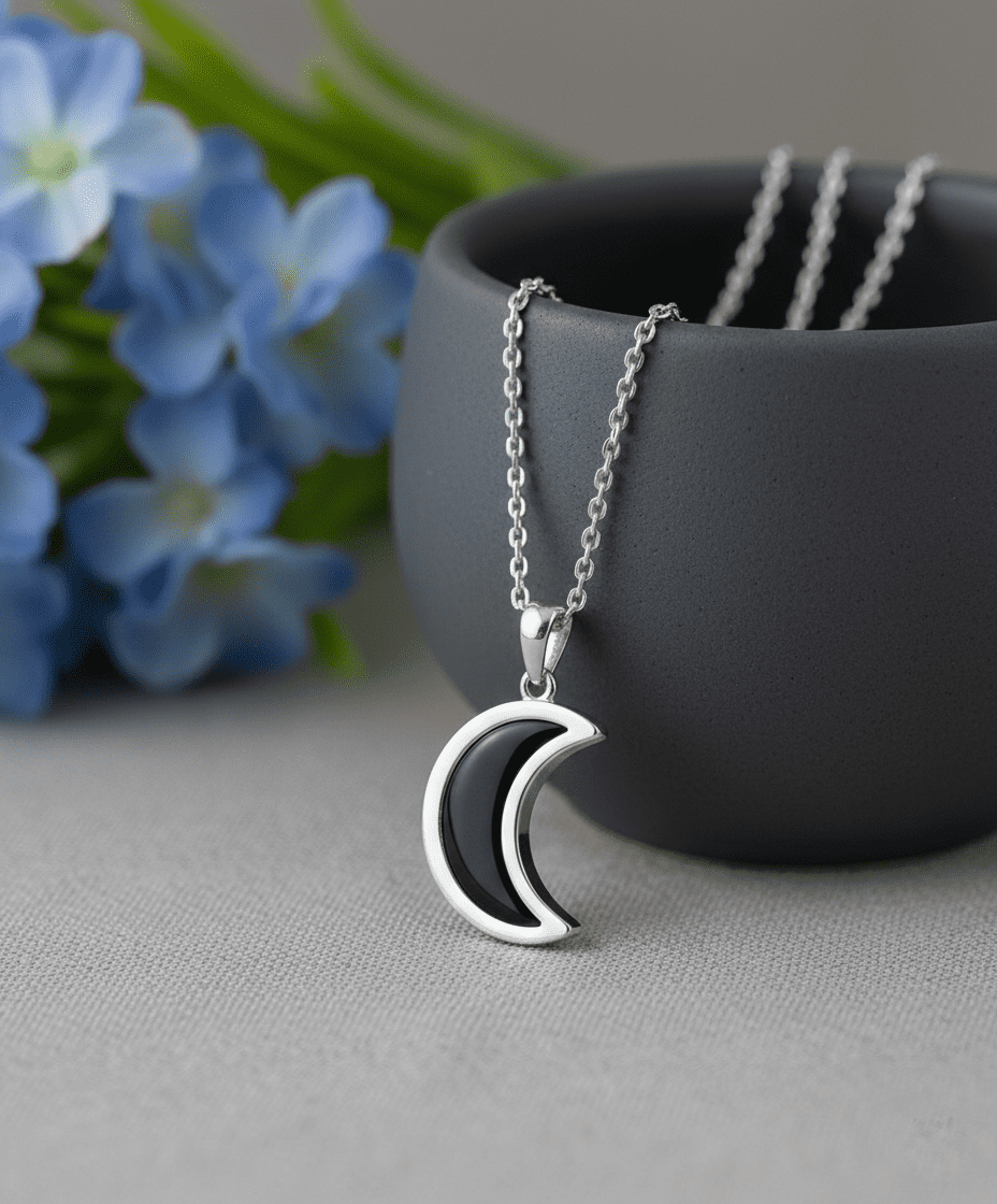 Sechi Black Stone Crescent Moon Necklace 925 Sterling Silver Pendant ...