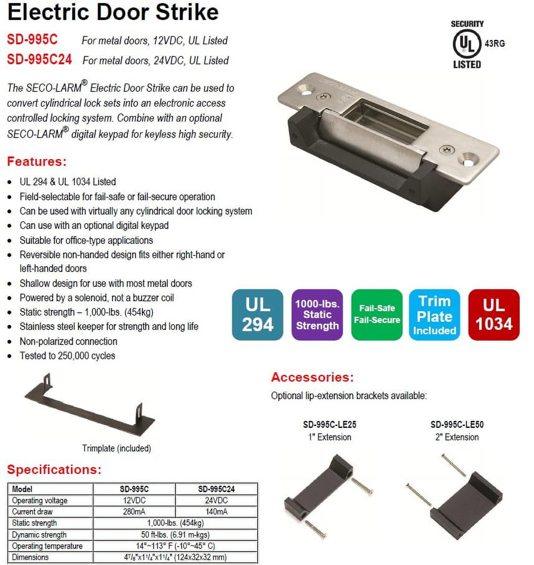 Seco-Larm SD-995C Fail-Secure or Fail-Safe Electric Door Strike for ...