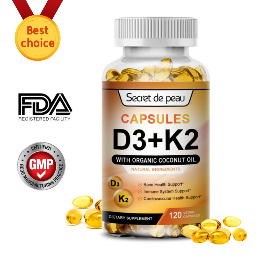 Secret de peau Vitamins D3 K2 Capsules, Boosts Calcium Absorption, Supports Bones, Teeth, Immune ...