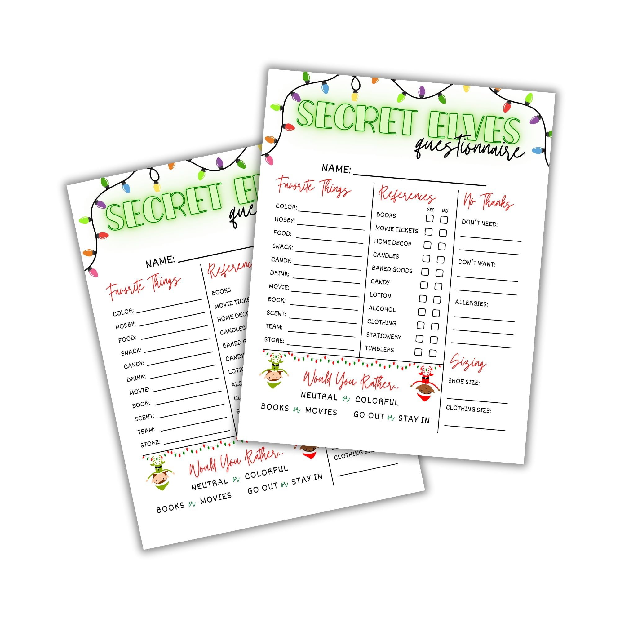 Secret Elves Gift Exchange Questionnaire 50 Pk 8.5x11 Secret Santa ...