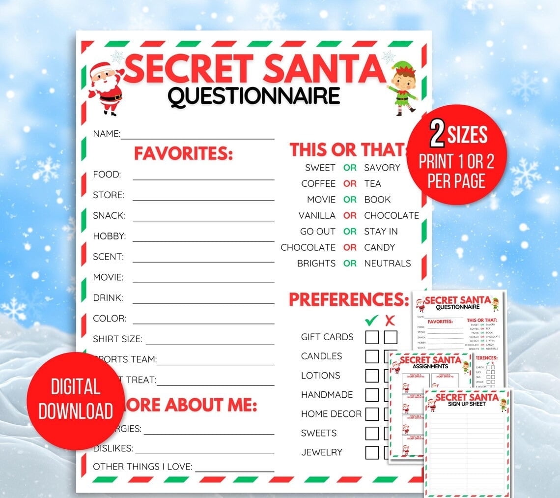 Secret Holiday Questionnaire Concept Set, Gift Exchange Game Ideas, Fun ...