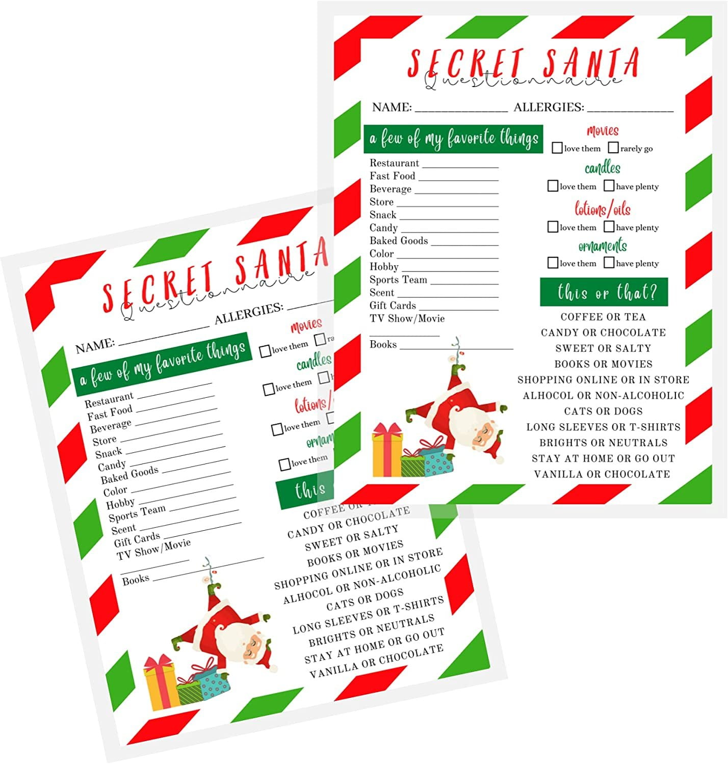 Secret Santa Christmas Questionnaire Sheets Gift Exchange 50 Pk 8.5x11 ...